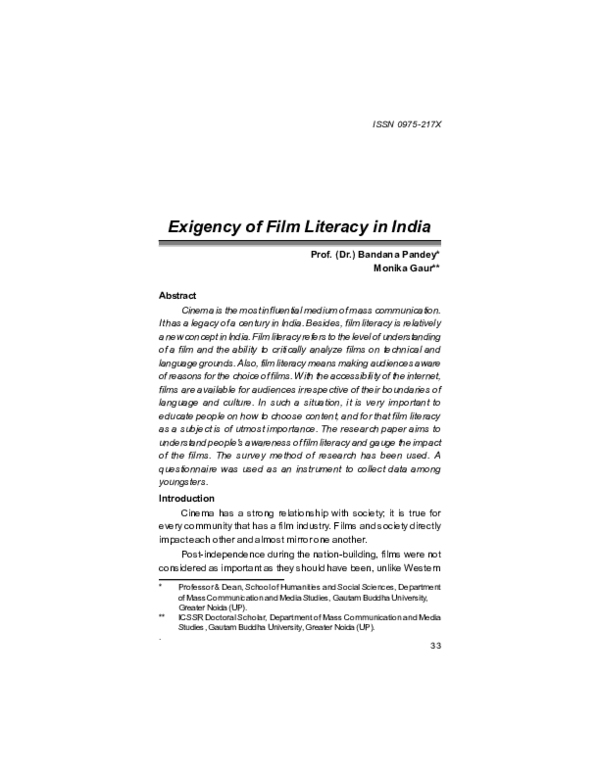 (PDF) Exigency of Film Literacy in India