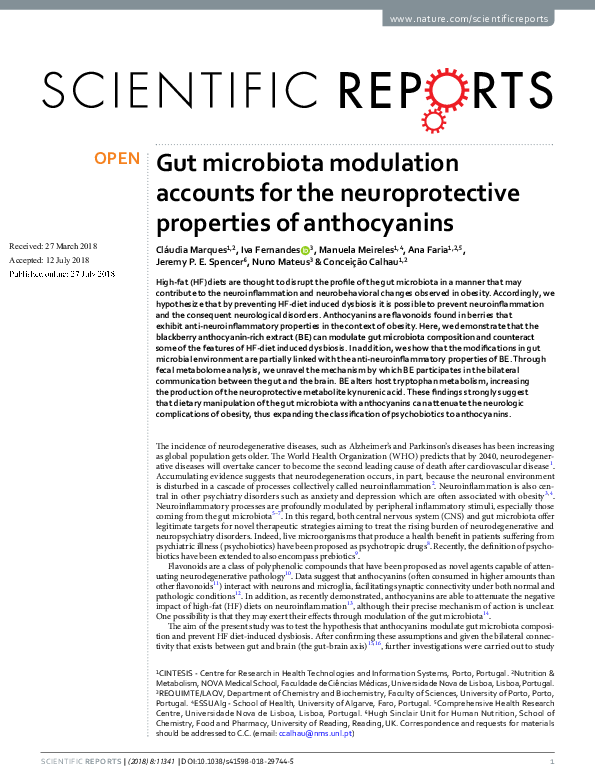 (PDF) Gut microbiota modulation accounts for the neuroprotective properties of anthocyanins
