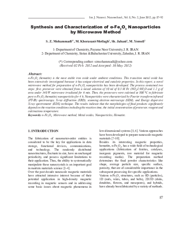 (PDF) Synthesis and Characterization of α-Fe2O3 Nanoparticles by Microwave Method
