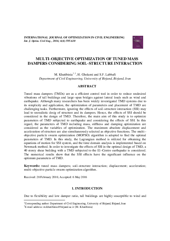 (PDF) Multi–Objective Optimization of Tuned Mass Dampers Considering Soil–Structure Interaction