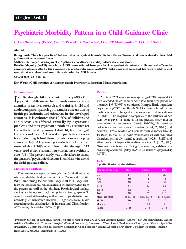 (PDF) Psychiatric Morbidity Pattern in a Child Guidance Clinic