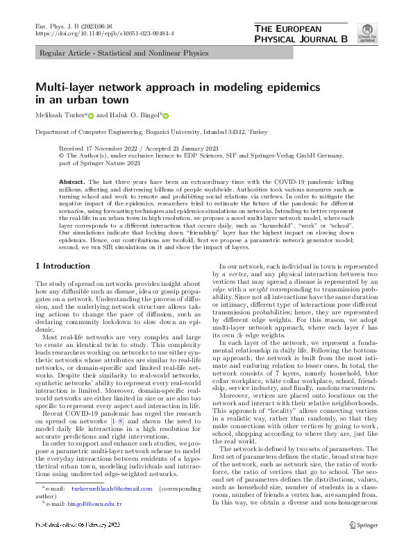 (PDF) Multi-layer network approach in modeling epidemics in an urban town