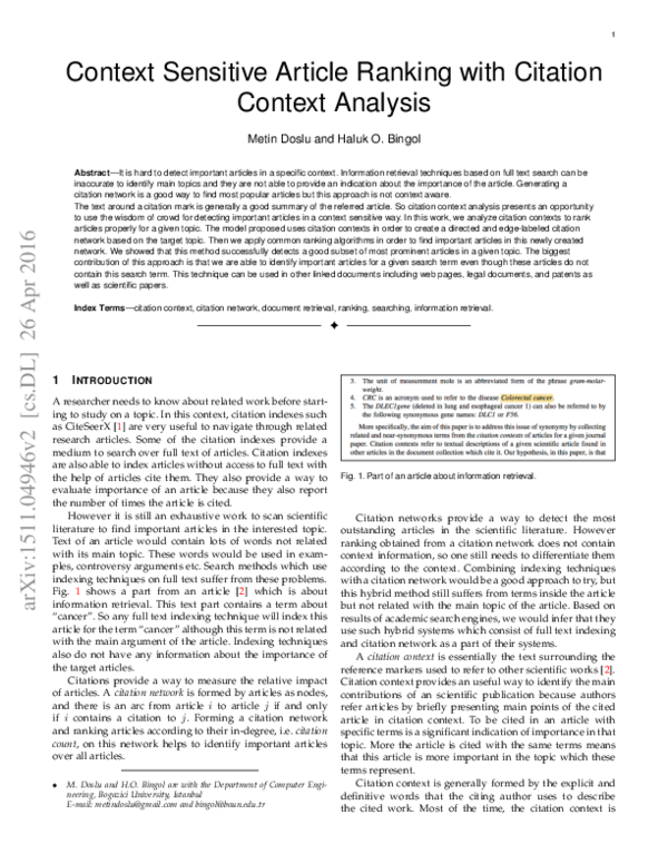 (PDF) Context sensitive article ranking with citation context analysis