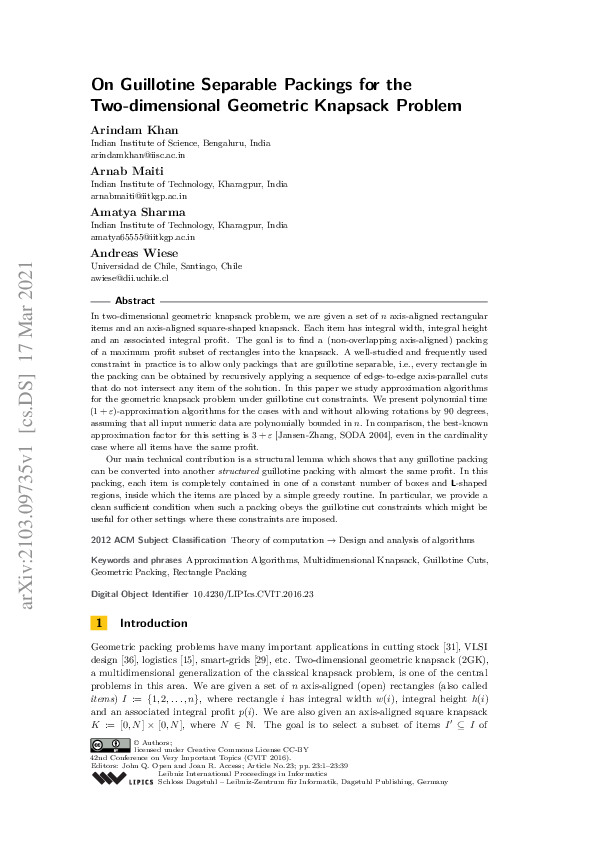 (PDF) On Guillotine Separable Packings for the Two-dimensional Geometric Knapsack Problem
