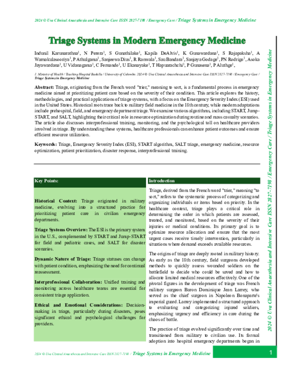 (PDF) Triage Systemsin Modern Emergency Medicine