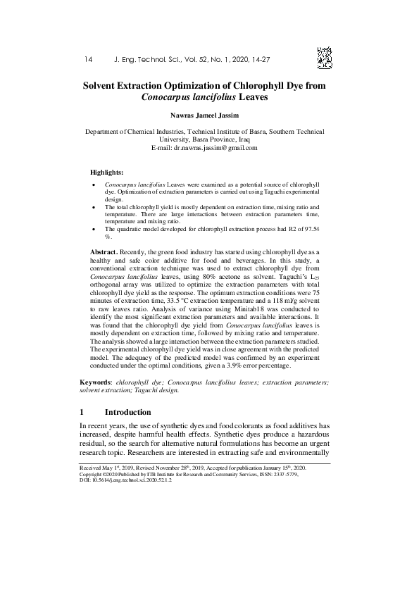 (PDF) Solvent Extraction Optimization of Chlorophyll Dye from Conocarpus Lancifolius Leaves