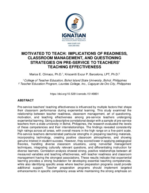 (PDF) MOTIVATED TO TEACH IMPLICATIONS OF READINESS, CLASSROOM MANAGEMENT, AND QUESTIONING ...