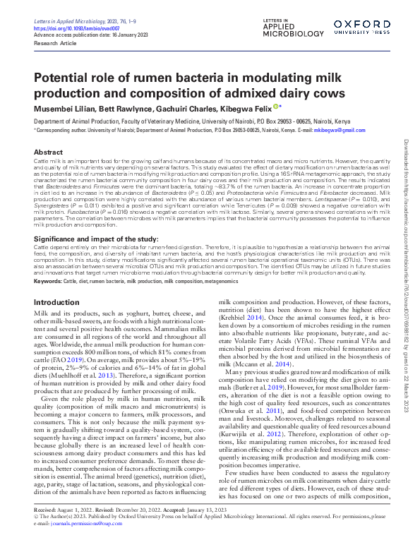 (PDF) Potential role of rumen bacteria in modulating milk production ...