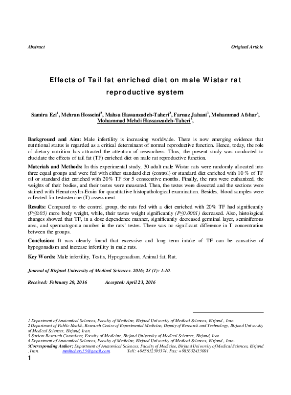 (PDF) Effects of Tail fat enriched diet on male Wistar rat reproductive ...
