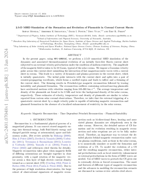 (PDF) 2.5-D MHD Simulation of the Formation and Evolution of Plasmoids ...