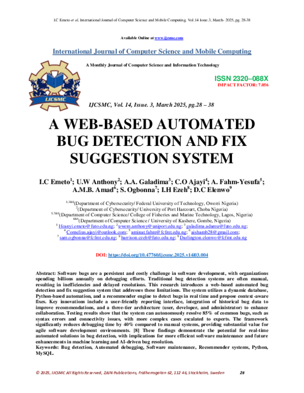 (PDF) A WEB-BASED AUTOMATED BUG DETECTION AND FIX SUGGESTION SYSTEM