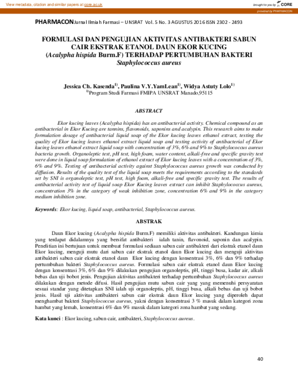(PDF) FORMULASI DAN PENGUJIAN AKTIVITAS ANTIBAKTERI SABUN CAIR EKSTRAK ETANOL DAUN EKOR KUCING ...