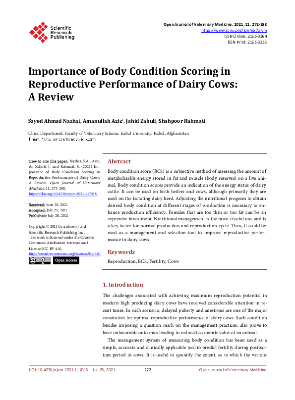(PDF) Importance of Body Condition Scoring in Reproductive Performance ...