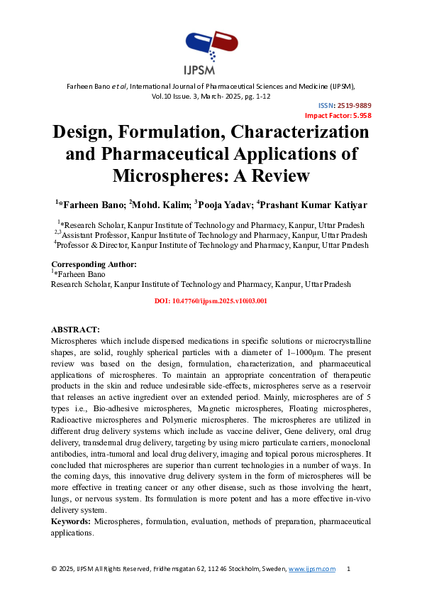 (PDF) Design, Formulation, Characterization and Pharmaceutical Applications of Microspheres: A ...