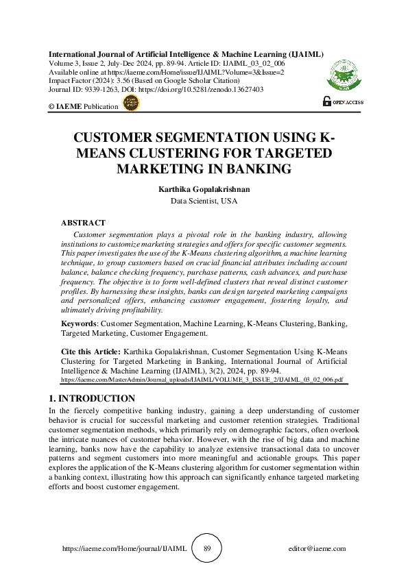 (PDF) CUSTOMER SEGMENTATION USING K-MEANS CLUSTERING FOR TARGETED MARKETING IN BANKING