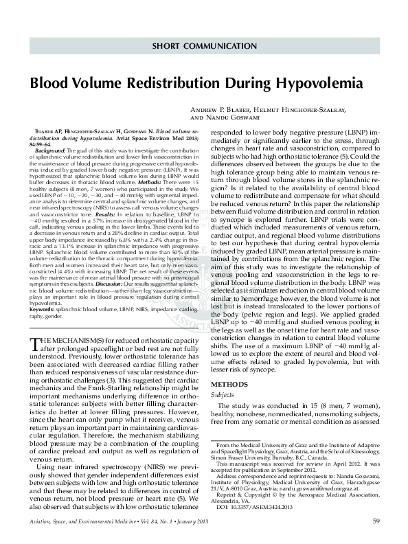 (PDF) Blood Volume Redistribution During Hypovolemia
