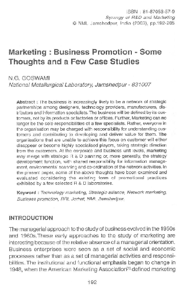 (PDF) Marketing : Business Promotion - Some Thoughts and a Few Case Studies