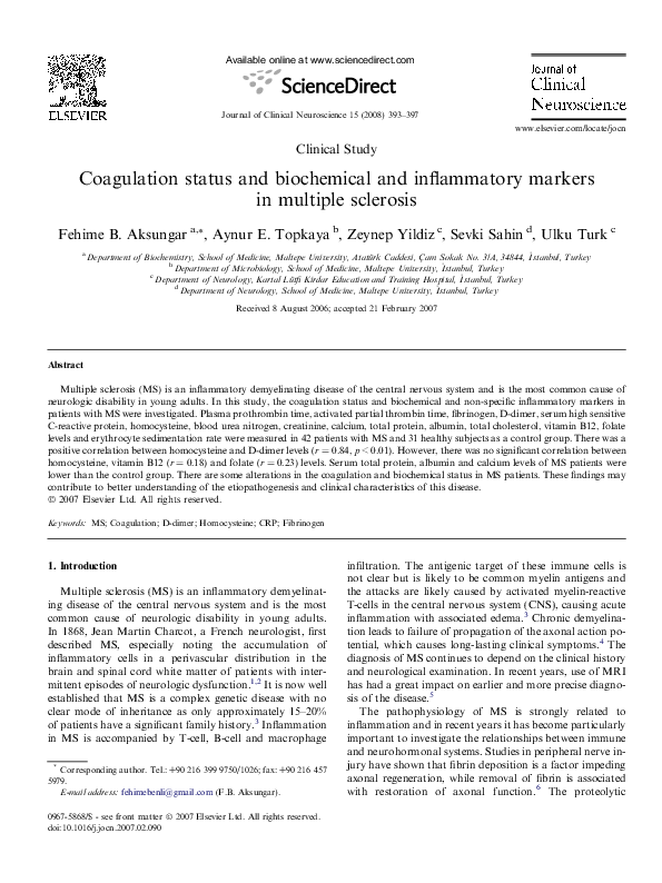 (PDF) Coagulation status and biochemical and inflammatory markers in multiple sclerosis