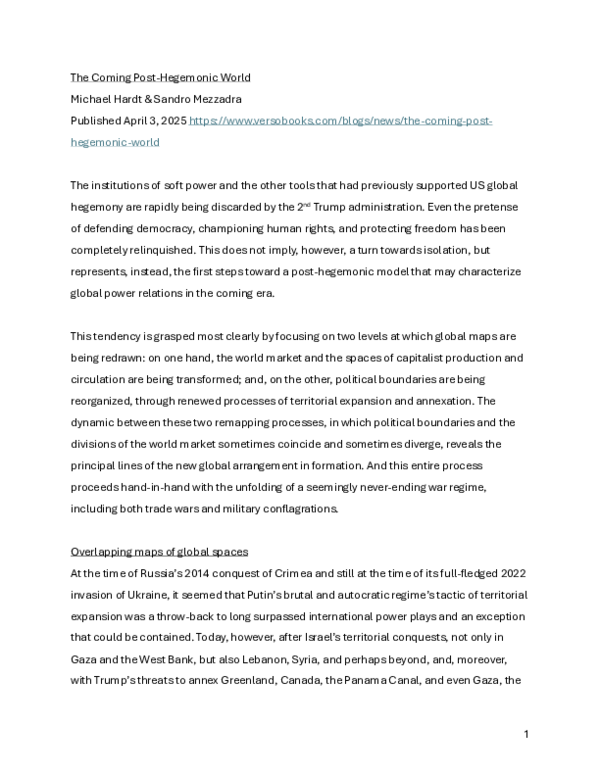 (PDF) Michael Hardt & Sandro Mezzadra, The Coming Post-Hegemonic World