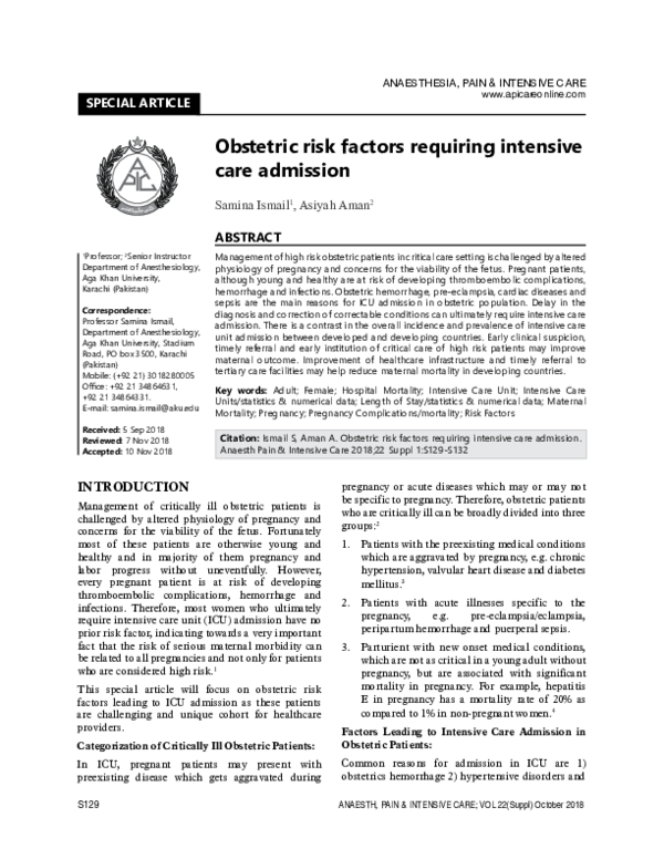 (PDF) Obstetric risk factors requiring intensive care admission