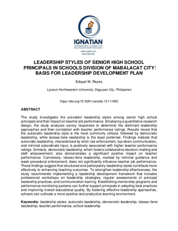 (PDF) LEADERSHIP STYLES OF SENIOR HIGH SCHOOL PRINCIPALS IN SCHOOLS ...