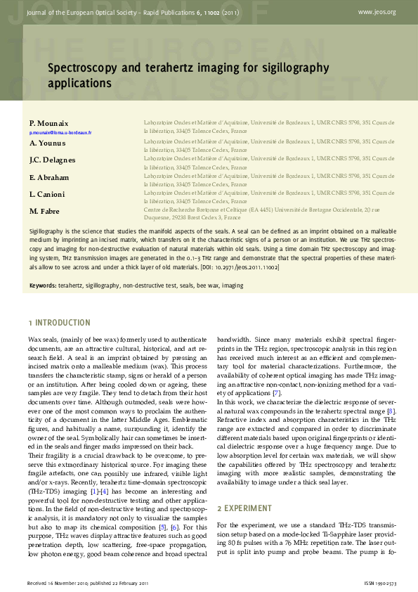 (PDF) Spectroscopy and terahertz imaging for sigillography applications