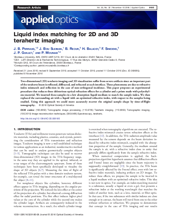 (PDF) Liquid index matching for 2D and 3D terahertz imaging