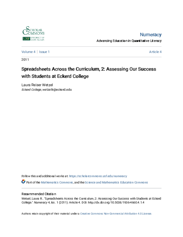(PDF) Spreadsheets Across the Curriculum, 2: Assessing Our Success with Students at Eckerd College