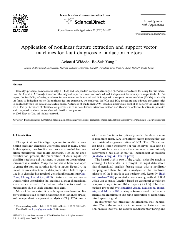 (PDF) Application of nonlinear feature extraction and support vector machines for fault ...