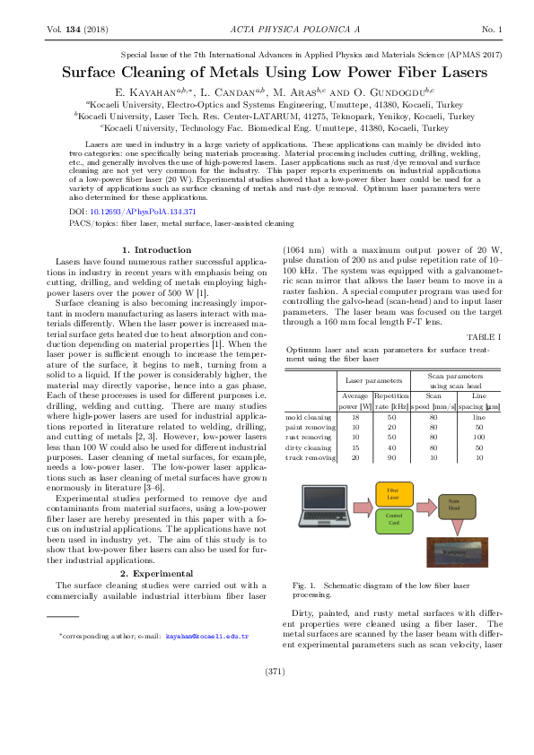 (PDF) Surface Cleaning of Metals Using Low Power Fiber Lasers