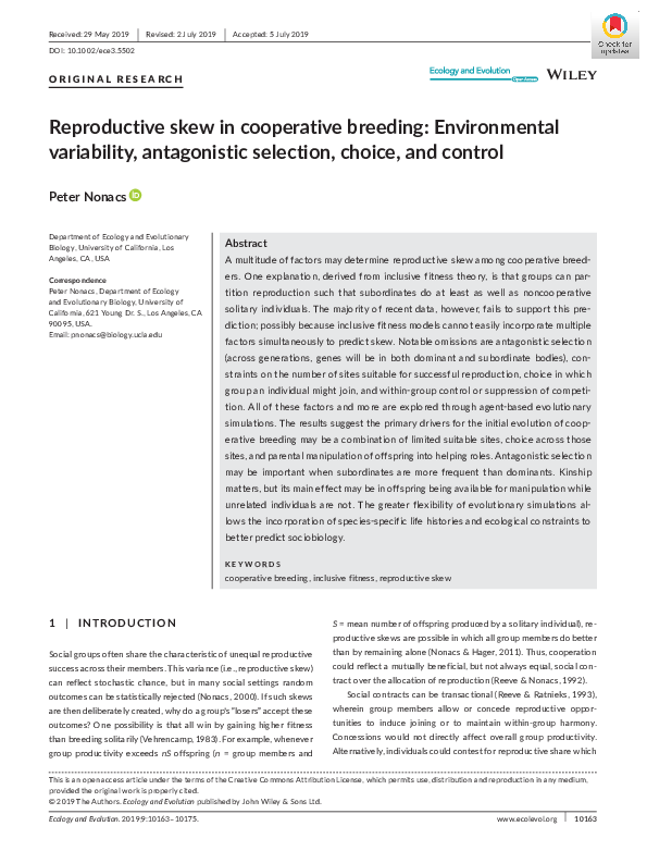 (PDF) Reproductive skew in cooperative breeding: Environmental ...