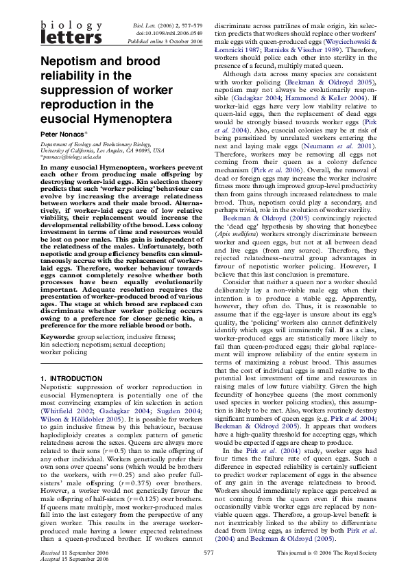 (PDF) Nepotism and brood reliability in the suppression of worker ...