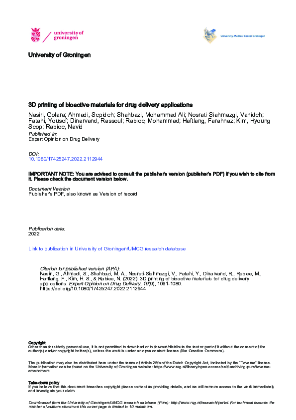 (PDF) 3D printing of bioactive materials for drug delivery applications