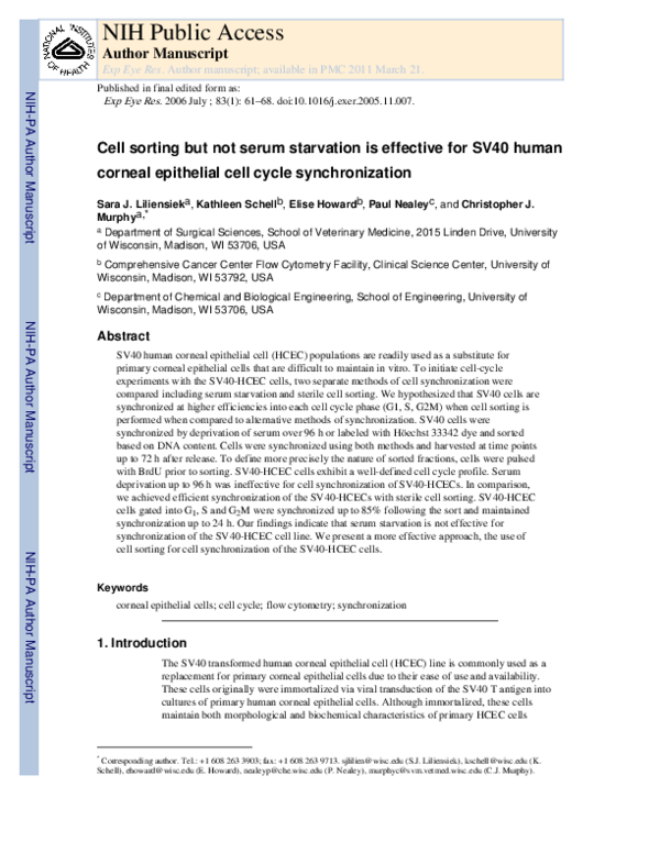 (PDF) Cell sorting but not serum starvation is effective for SV40 human corneal epithelial cell ...