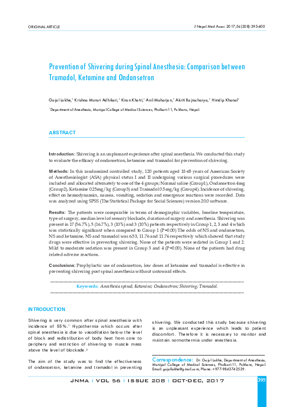 (PDF) Prevention of Shivering during Spinal Anesthesia: Comparison ...