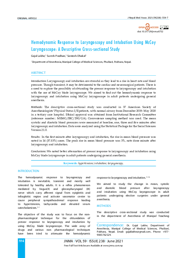 (PDF) Hemodynamic Response to Laryngoscopy and Intubation Using McCoy Laryngoscope: A ...