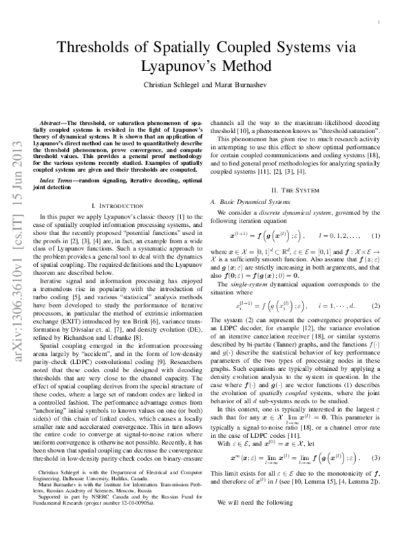 (PDF) Thresholds of spatially coupled systems via Lyapunov's method
