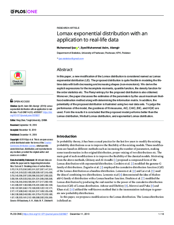 (PDF) Lomax exponential distribution with an application to real-life data