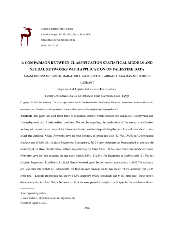 (PDF) A comparison between classification statistical models and neural networks with ...