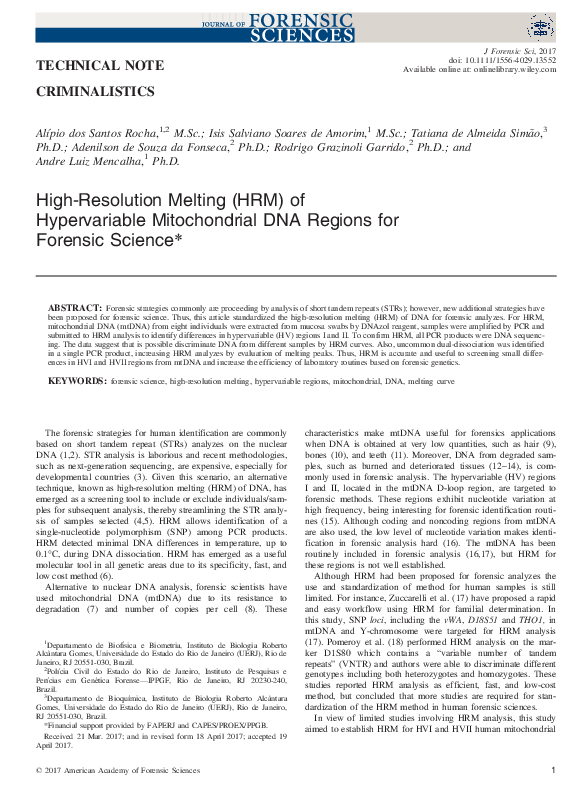 (PDF) High‐Resolution Melting (HRM) of Hypervariable Mitochondrial DNA ...