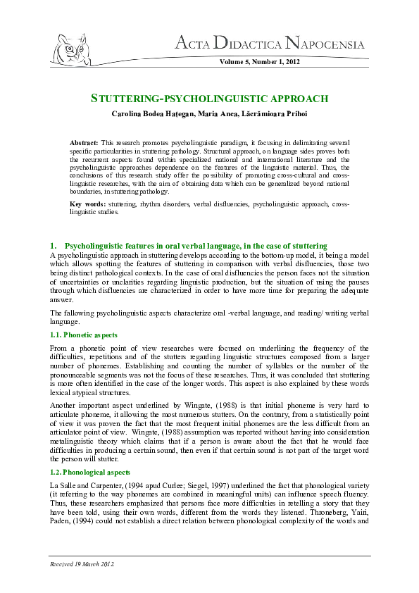 (PDF) Stuttering-Psycholinguistic Approach