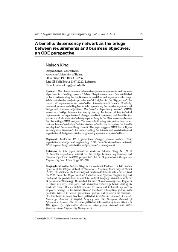 (PDF) A benefits dependency network as the bridge between requirements and business objectives ...