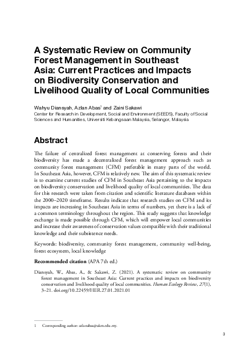 (PDF) A Systematic Review on Community Forest Management in Southeast Asia: Current Practices ...