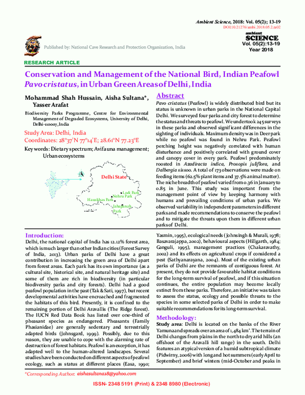 (PDF) Conservation and Management of the National Bird, Indian Peafowl Pavo cristatus, in Urban ...