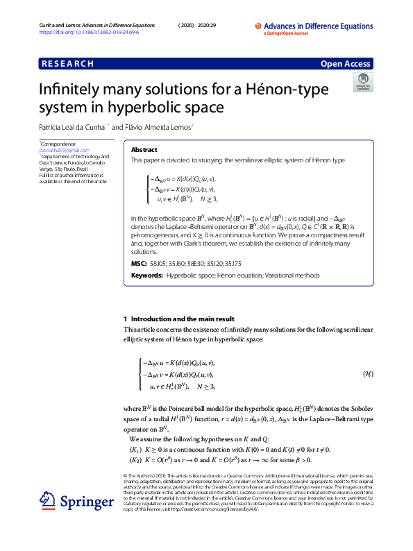 (PDF) Infinitely many solutions for a Hénon-type system in hyperbolic space