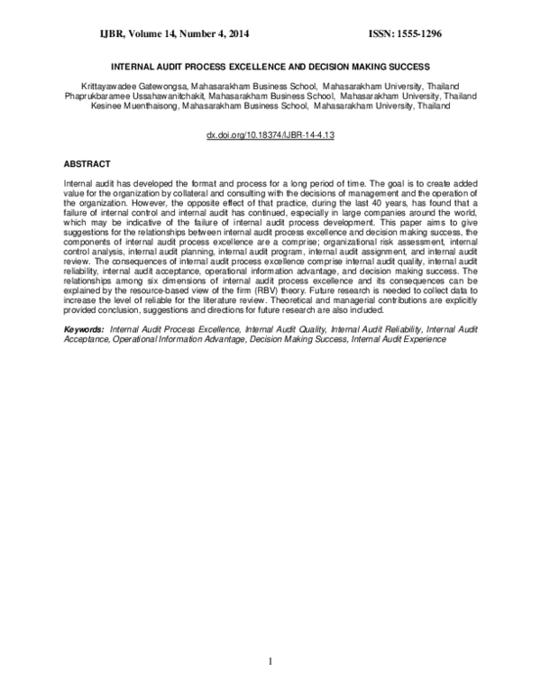 (PDF) Internal Audit Process Excellence and Decision Making Success