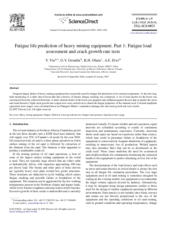 (PDF) Fatigue life prediction of heavy mining equipment. Part 1 ...