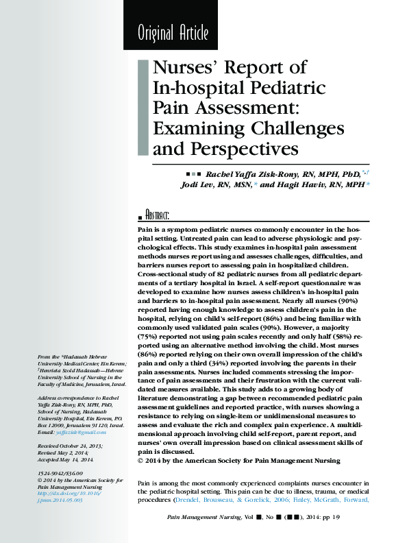 (PDF) Nurses' Report of In-hospital Pediatric Pain Assessment: Examining Challenges and Perspectives