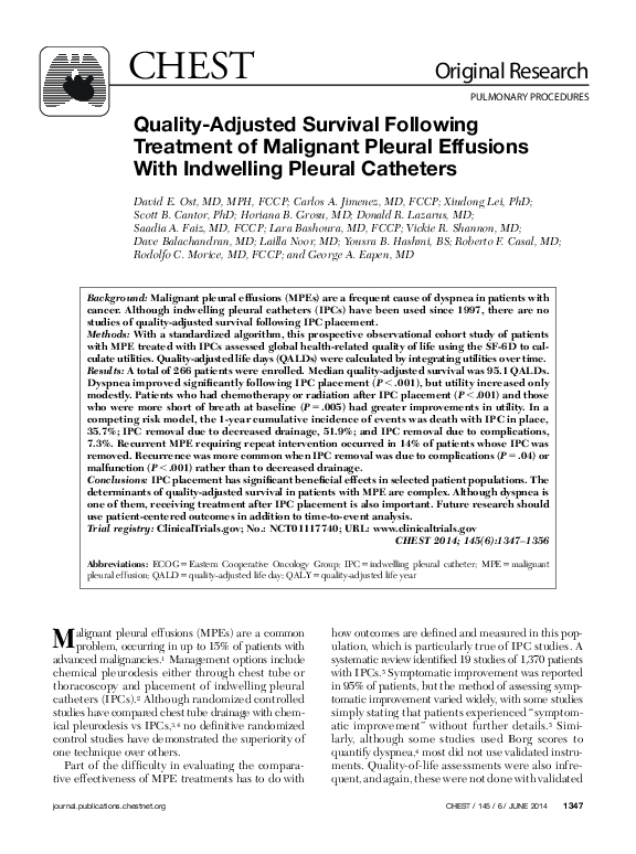 (PDF) Quality-Adjusted Survival Following Treatment of Malignant Pleural Effusions With ...