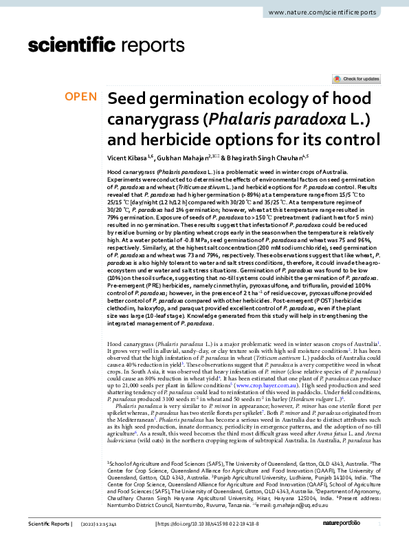 (PDF) Seed germination ecology of hood canarygrass (Phalaris paradoxa L ...